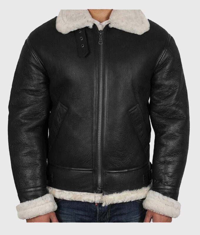Christian Men’s Black Leather Bomber Jacket with Removable Hoodie