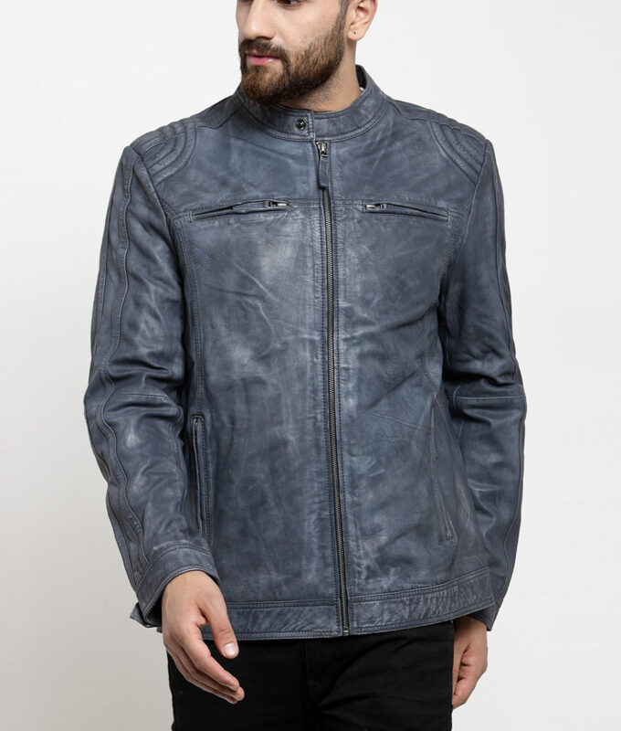 Erikson Men's Blue Distressed Leather Biker Jacket - NYC Jackets