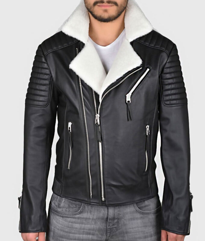 Ross Men's Black Shearling Leather Biker Jacket - NYC Jackets