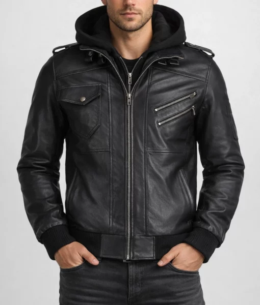 Christian Men’s Black Leather Bomber Jacket with Removable Hoodie
