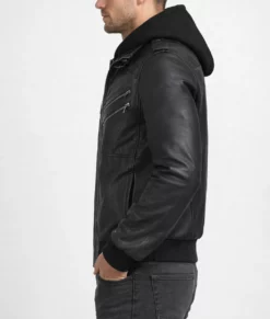 Christian Men’s Black Leather Bomber Jacket with Removable Hoodie