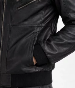 Christian Men’s Black Leather Bomber Jacket with Removable Hoodie