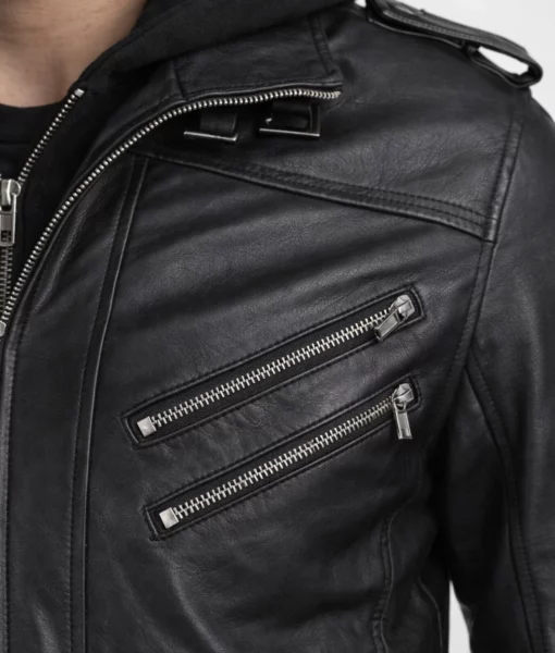 Christian Men’s Black Leather Bomber Jacket with Removable Hoodie