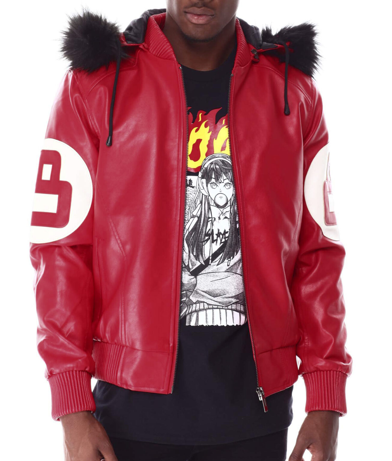 8 Ball Red Fur Hooded Leather Bomber Jacket | NYC Jackets