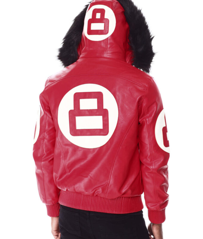 8 Ball Red Fur Hooded Leather Bomber Jacket | NYC Jackets