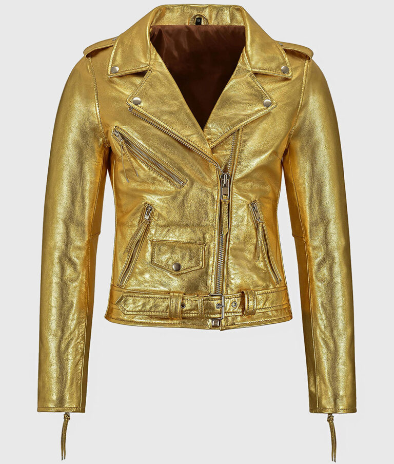 Katherine Women's Golden Metallic Leather Biker Jacket - NYC Jackets