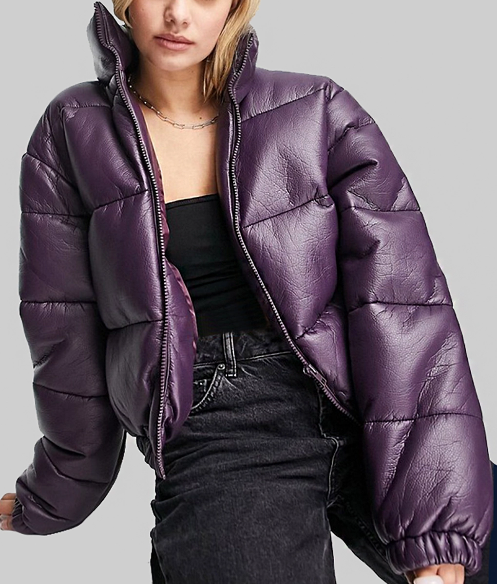 Patsy Palmer Purple Leather Puffer Jacket - NYC Jackets