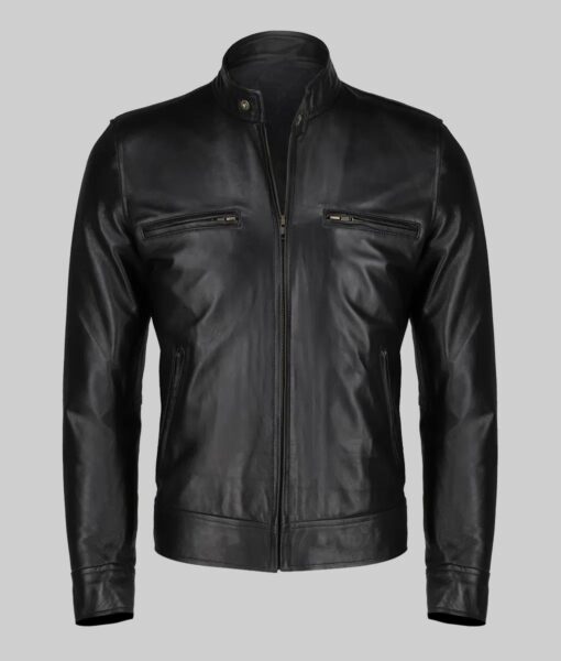 Basic Black Moto Cafe Racer Biker Leather Jacket for Men