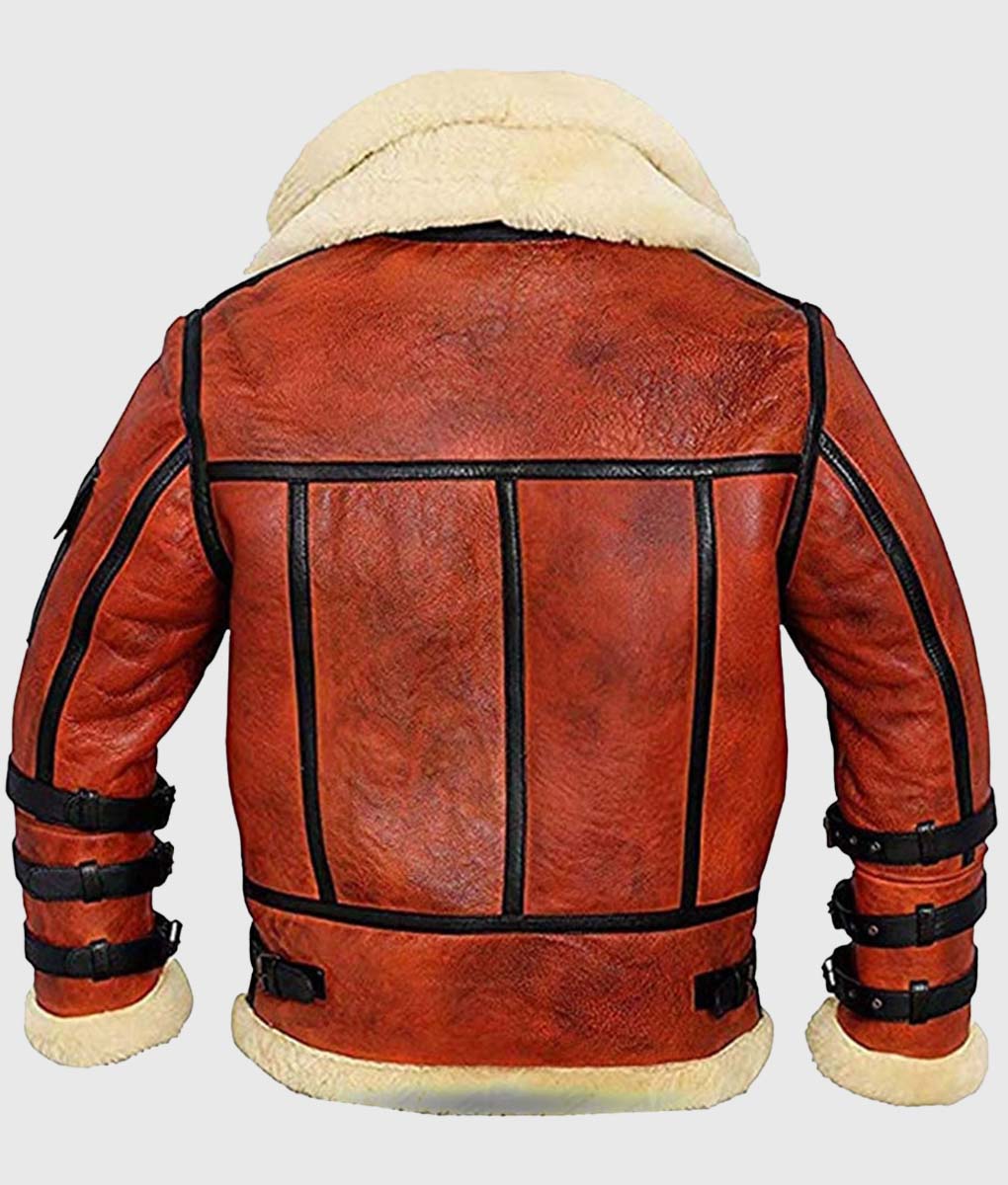 Double Collar B-3 Shearling Red Leather Aviator Jacket for Men