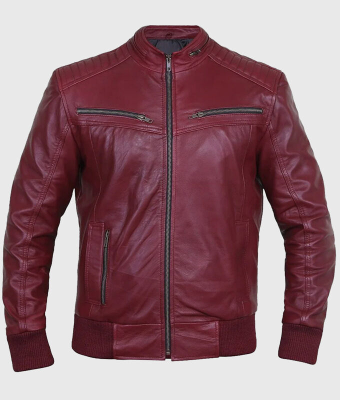 Jade Mens Maroon Bomber Moto Leather Jacket | NYC Jackets