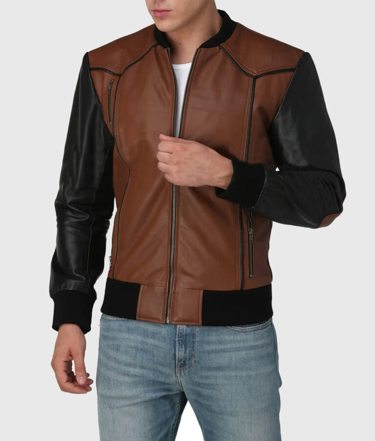 Justin Mens Brown Bomber Leather Jacket | NYC Jackets