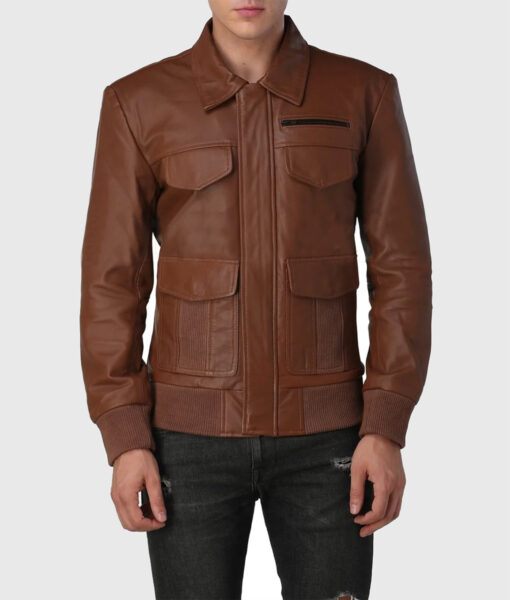 Justin Mens Brown Bomber Utility Leather Jacket | NYC Jackets