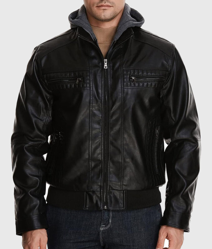 Rommy Black Hooded Leather Bomber Jacket for Men