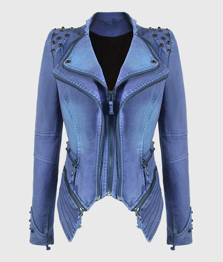 Camila Blue Studded Biker Leather Jacket for Women