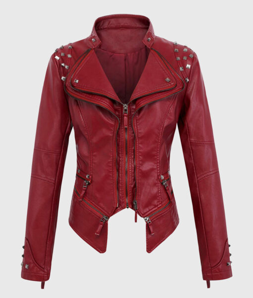 Camila Red Studded Biker Leather Jacket for Women