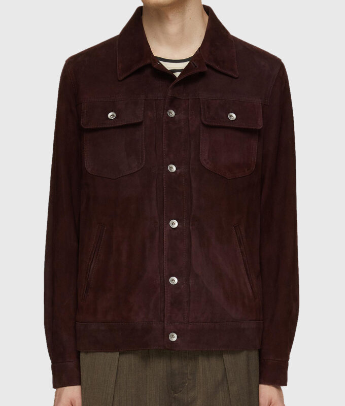 Glen Powell Hitman Gary Johnson Brown Suede Trucker Jacket