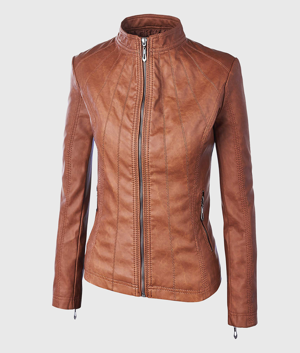 Isabella Tan Moto Biker Leather Jacket for Women