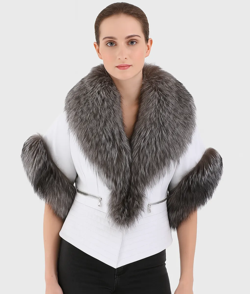 Isolde Women's Black Real Fox Fur Trim Jacket | NYC Jackets