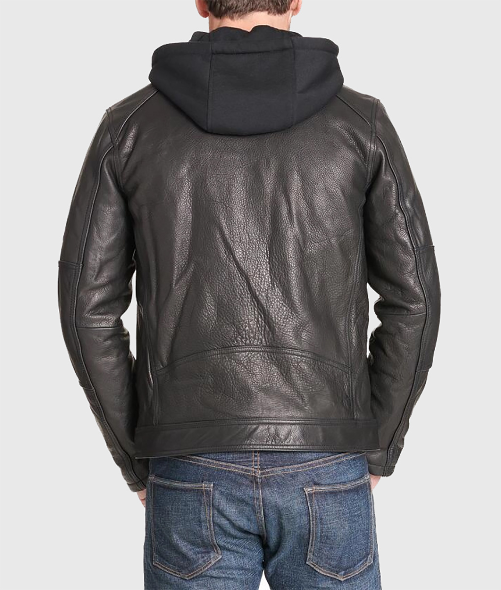 Jam Hooded Black Biker Leather Jacket for Men