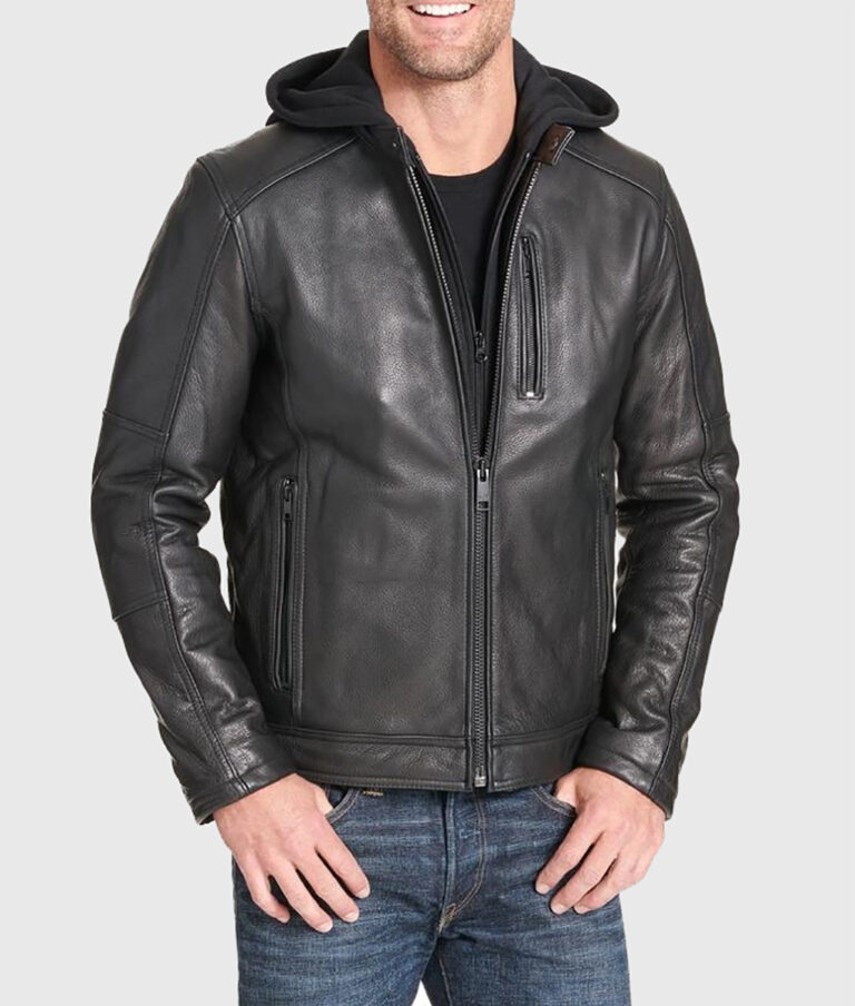 Jam Hooded Black Biker Leather Jacket for Men
