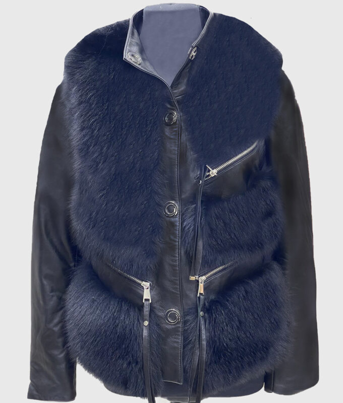 Seren Women's Blue Real Fox Fur Trim Jacket | NYC Jackets