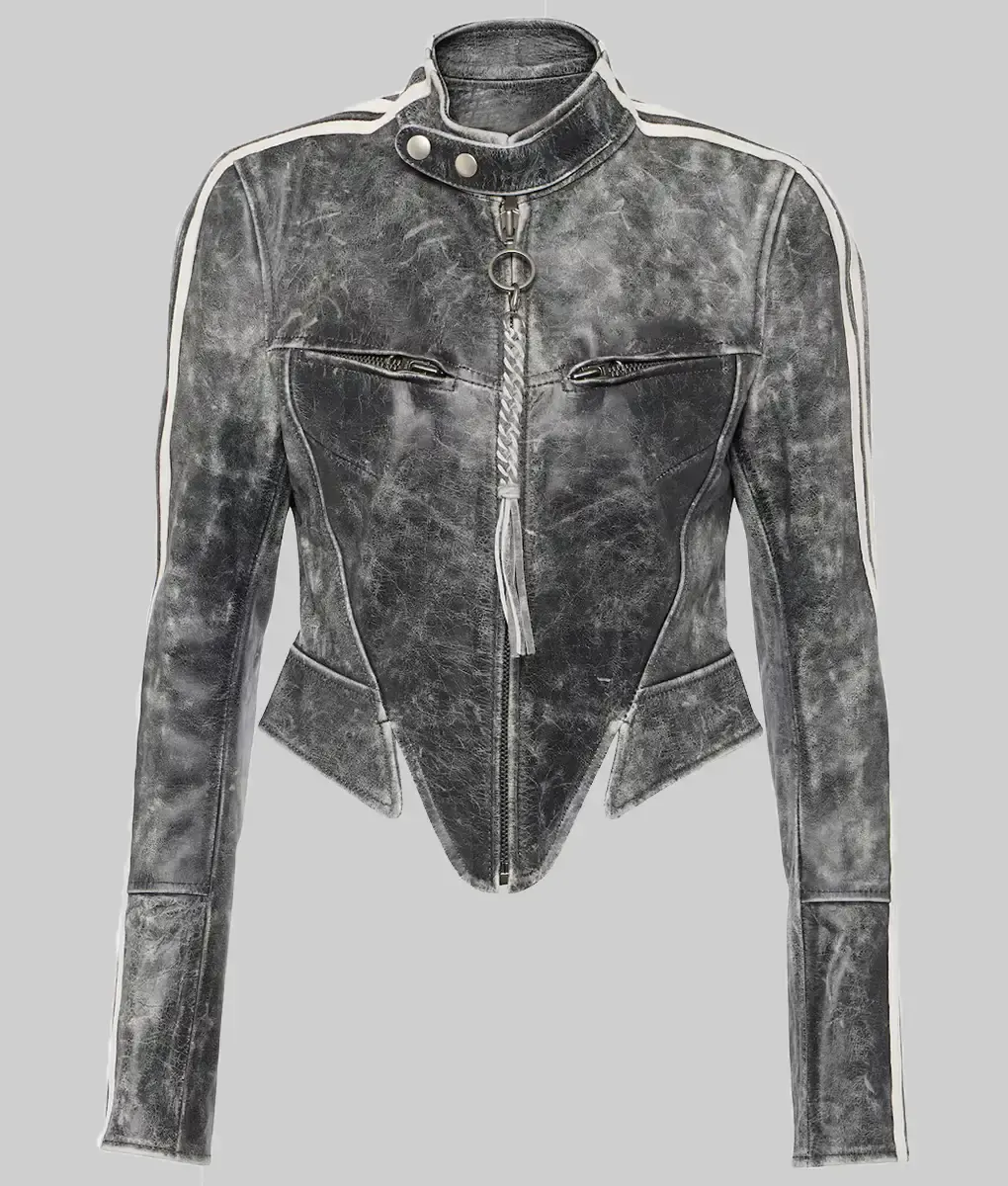 Katy Perry Grey Distressed Leather Biker Jacket | NYC Jackets