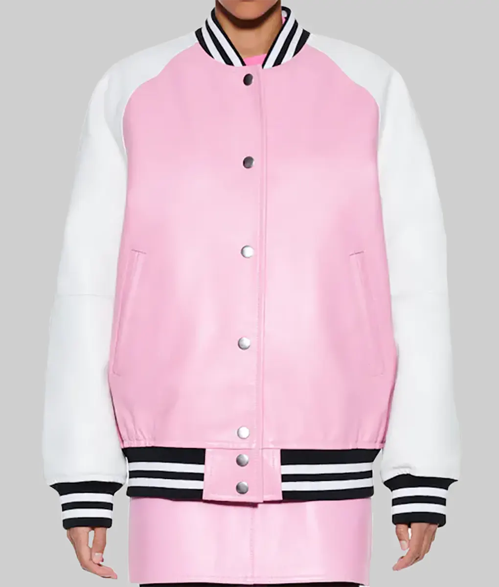 Amy Women's Pink and White Leather Varsity Jacket | NYC Jackets