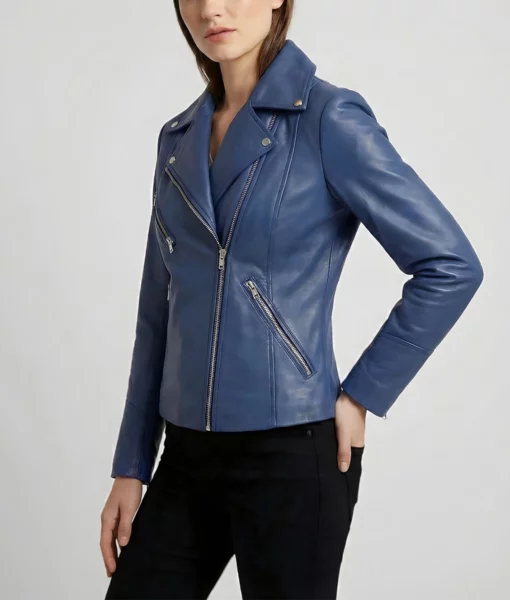 Jill Women's Blue Moto Asymmetrical Double Rider Leather Jacket | Women ...