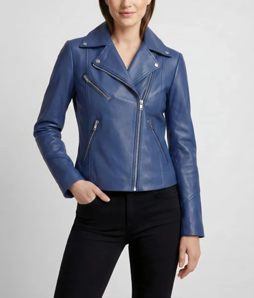 Jill Women's Blue Moto Asymmetrical Double Rider Leather Jacket | Women ...