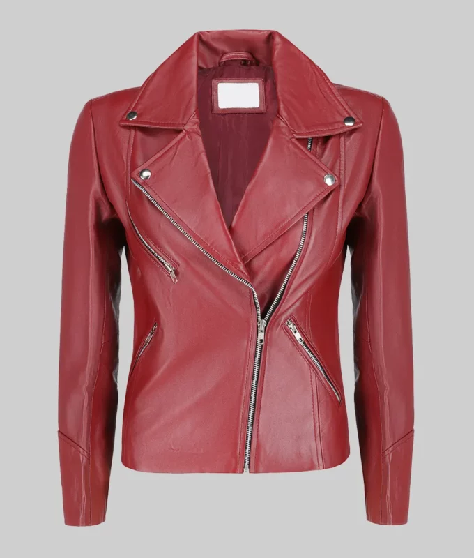 Jill Women's Maroon Moto Asymmetrical Double Rider Leather Jacket ...