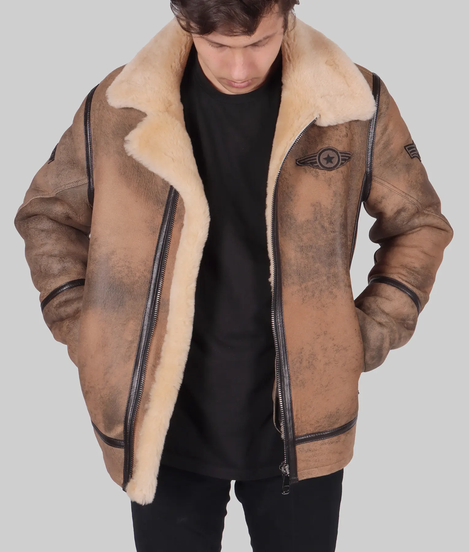 Cromb Mens Distressed Brown Bomber Leather Jacket | NYC Jackets