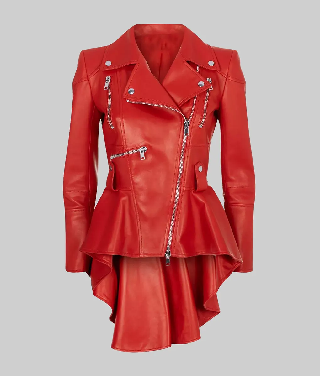 Mary Women's Red Peplum Leather Jacket | NYC Jackets
