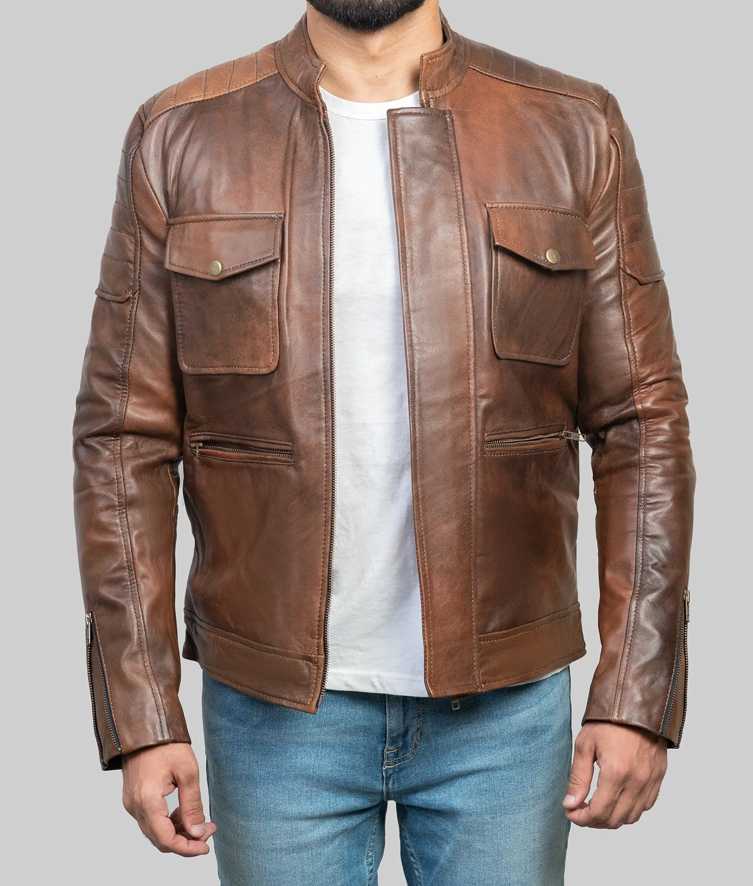 Jake Mens Brown Distressed Biker Leather Jacket | NYC Jackets