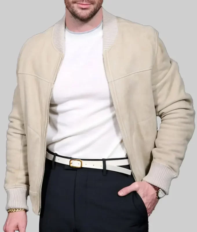 Aaron Taylor Beige Suede Bomber Jacket | NYC Jackets