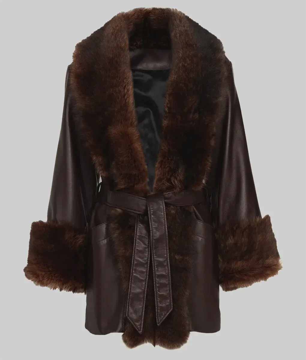 Suki Waterhouse Brown Leather Fur Coat | NYC Jackets