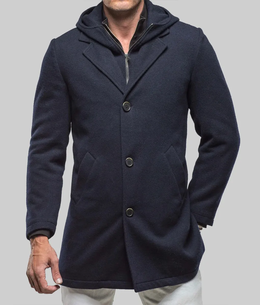 David Harbour Navy Blue Hooded Wool Jacket | NYC Jackets