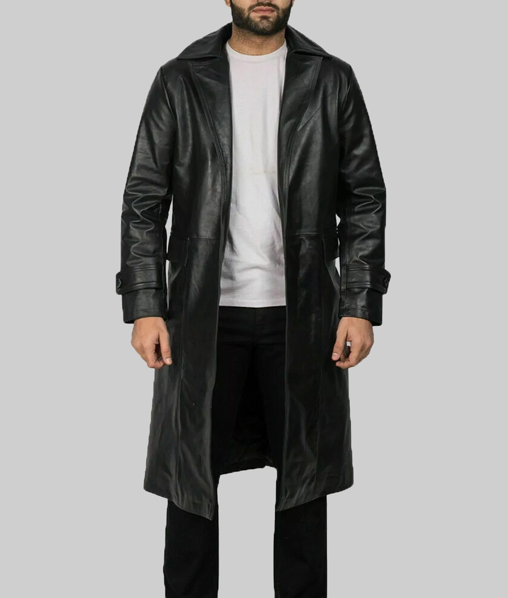 Kent Men's Classic Black Leather Duster Coat | Black Leather Long Coat ...