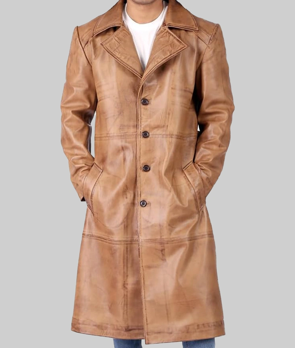 Kent Men's Old School Dark Brown Distressed Leather Duster Coat | Men's ...