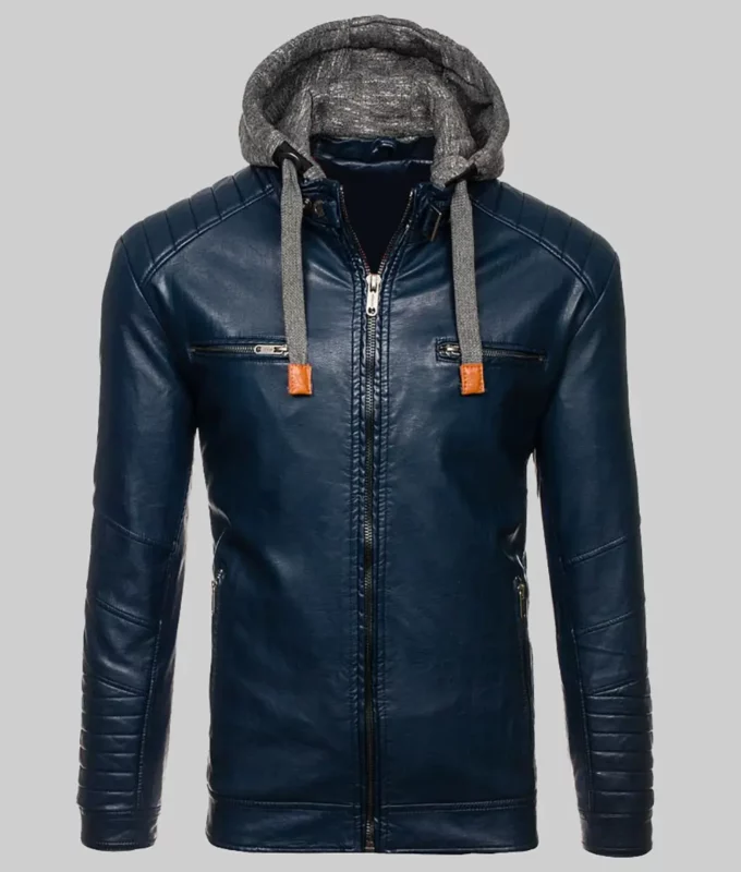 Sam Men's Hooded Navy Blue Cafe Racer Motorcycle Leather Jacket | Men's ...