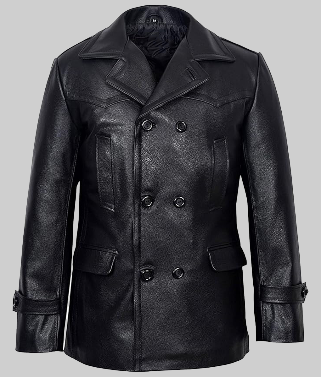 Danny Men's Double Breasted Black Leather Peacoat | NYC Jackets