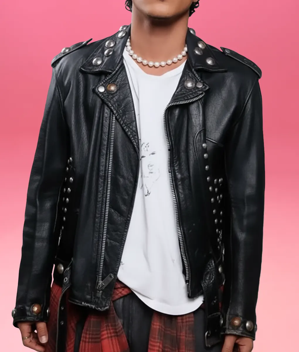 Bruno Mars Black Leather Studded Biker Jacket | NYC Jackets