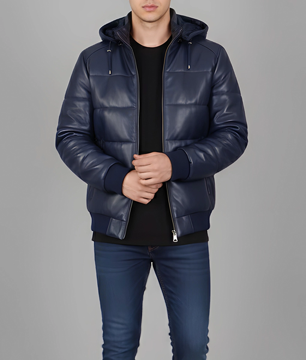 Cart Men's Blue Hooded Puffer Leather Jacket | NYC Jackets