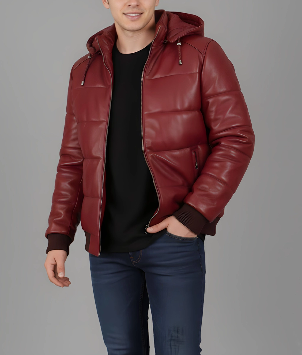 Cart Men's Maroon Hooded Puffer Leather Jacket | NYC Jackets