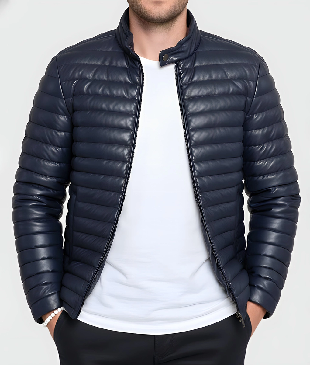 Havoc Men's Blue Leather Puffer Jacket | NYC Jackets