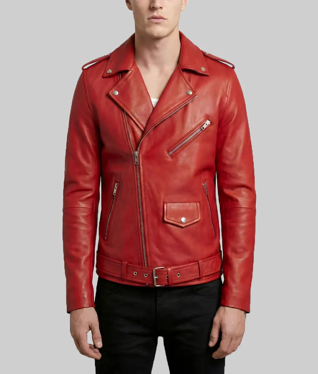 Brian Men's Red Leather Biker Jacket | NYC Jackets