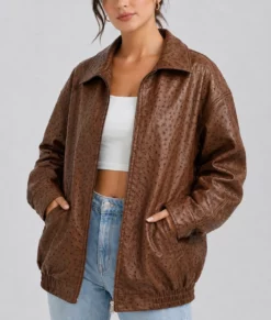 Catherine Women’s Brown Ostrich Leather Oversized Bomber Jacket | NYC ...